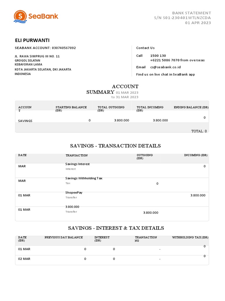 Contoh Seabank Statement | PDF