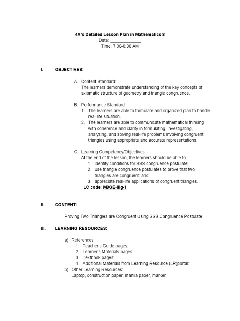 Math 8 Triangle Congruence Lesson Plan | Download Free PDF | Characters ...