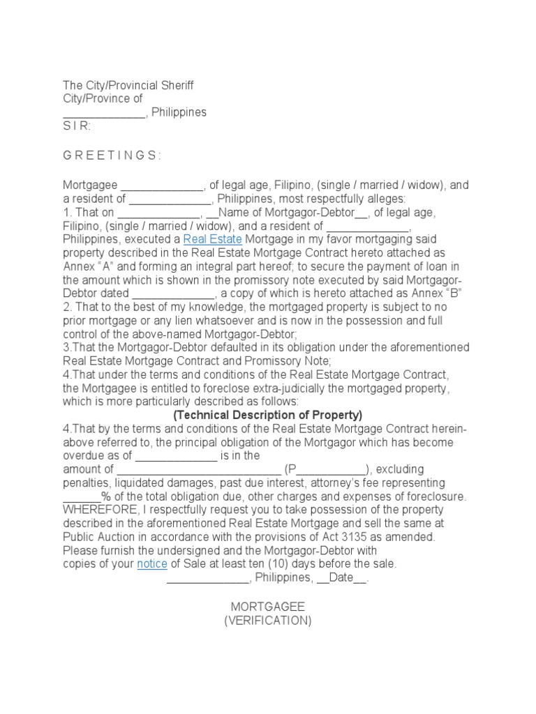 Request for Extrajudicial Foreclosure of Mortgaged Property Due to ...