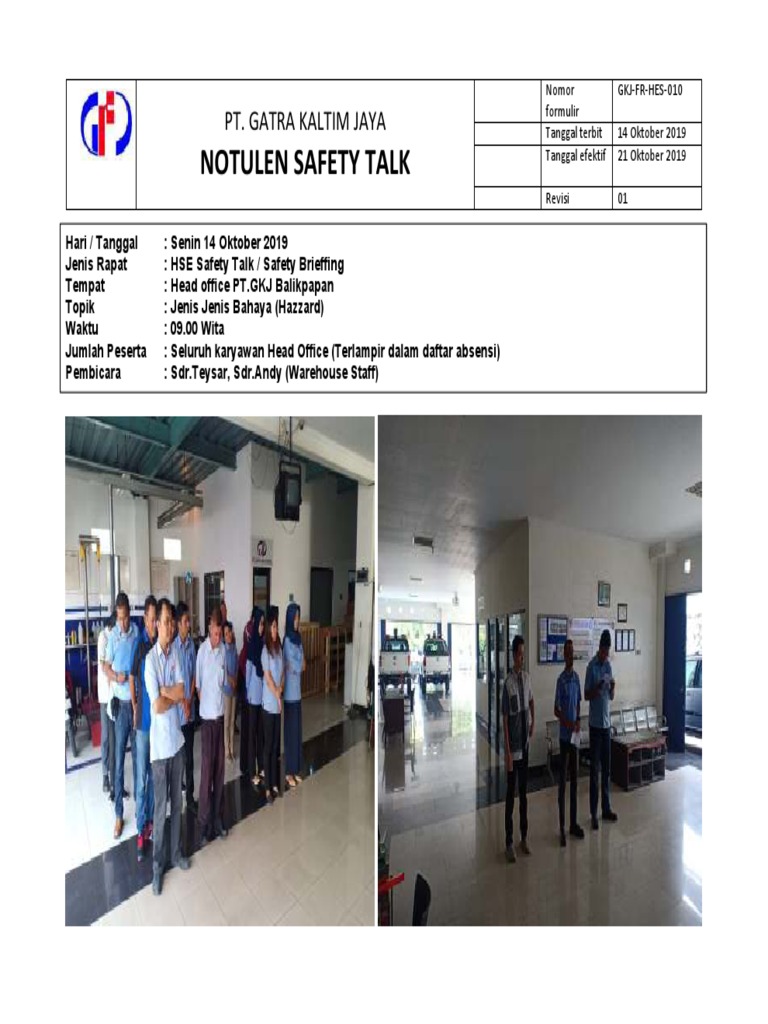 Notulen Safety Talk PT Gatra Kaltim Jaya | PDF