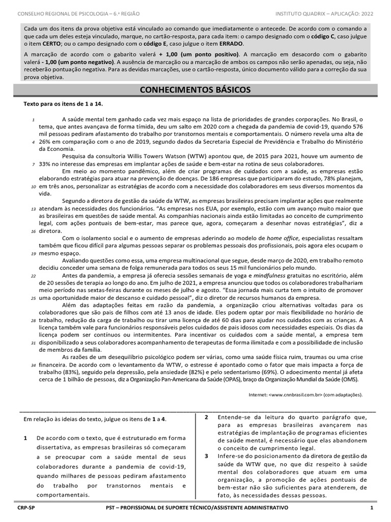 QUADRIX Cad Prova 200-210 PST Assistente Administrativo CRP-SP Concurso Publico 2022 | PDF ...