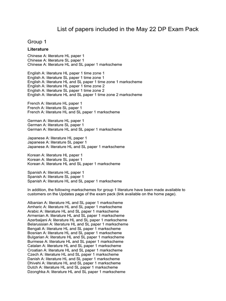 Examination Paper and Markscheme Pack. - May 2022 Examination Session ...