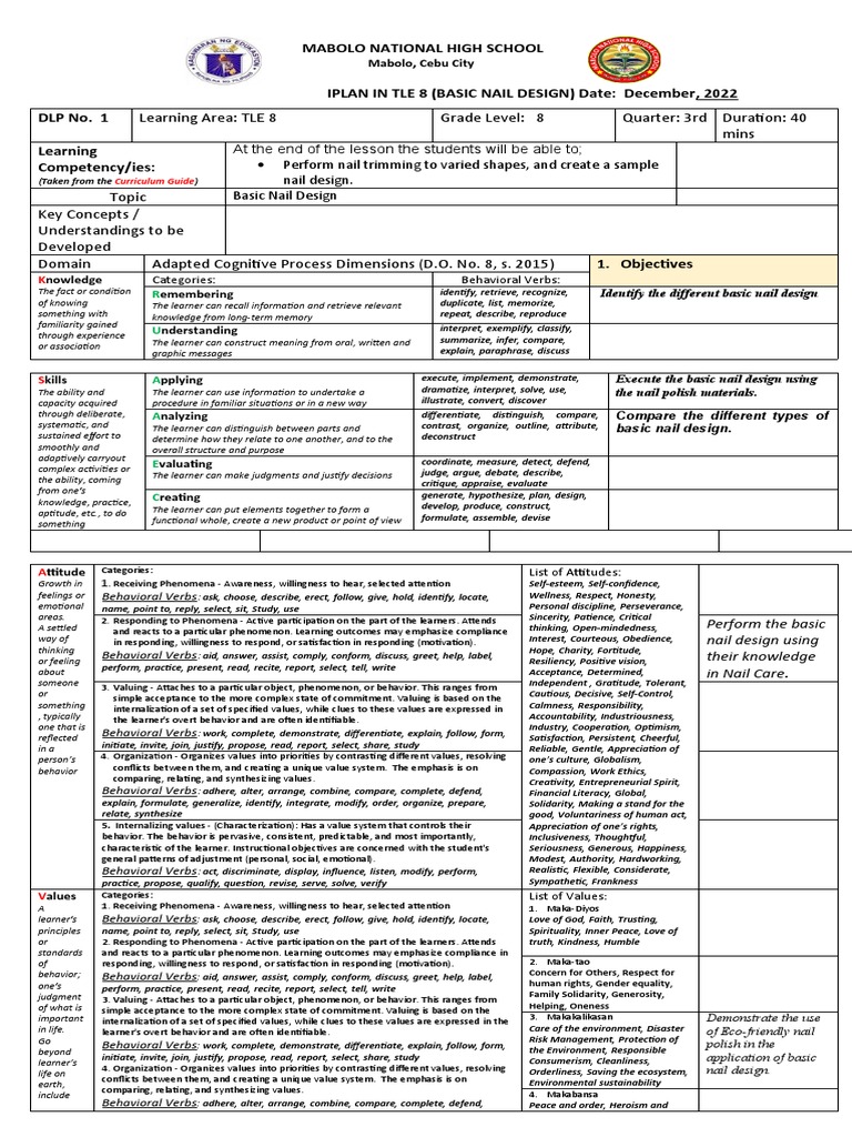 Basic Nail Design Lesson Plan for TLE 8 | PDF | Career & Growth | Self ...