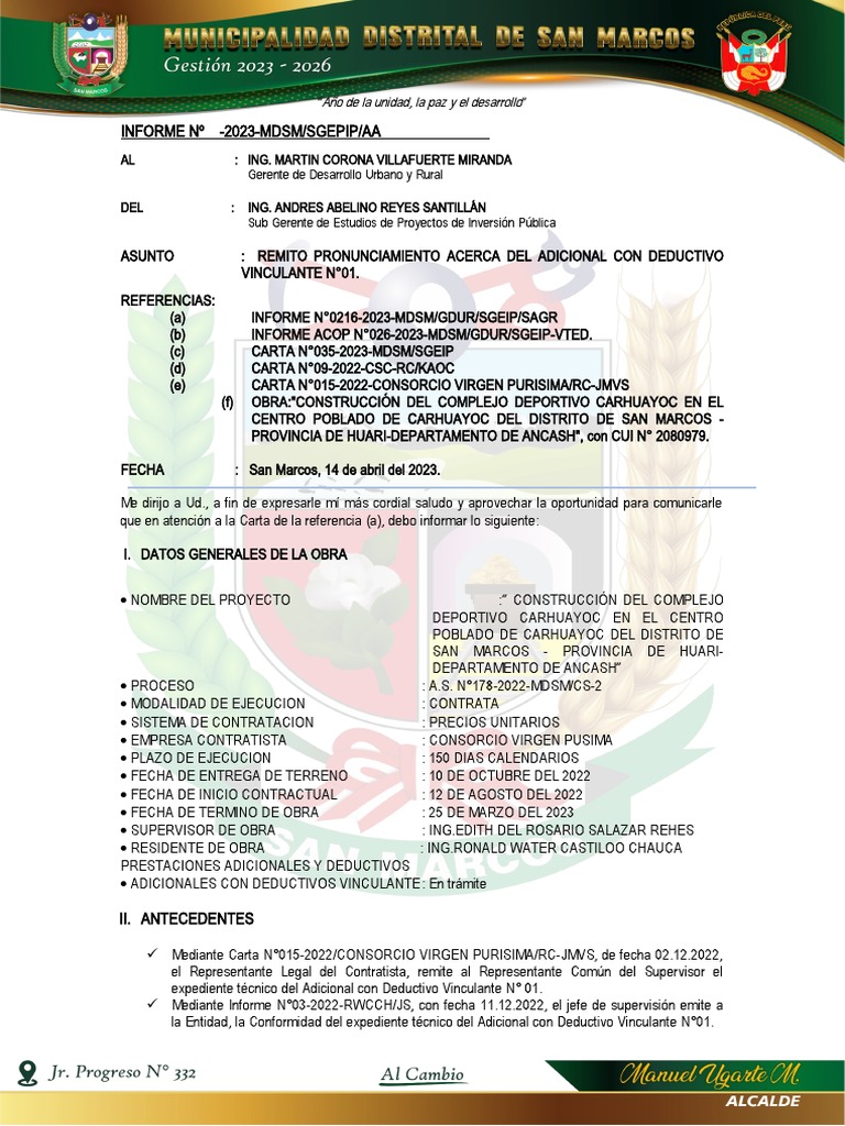 INFORME N°000-2023-Pronunciamiento Del Adicional Con Deductivo Vinculante N°01 Complejo ...