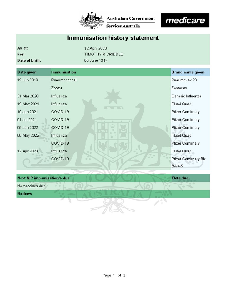 Immunisation History Statement: As At: For: Date of Birth | PDF