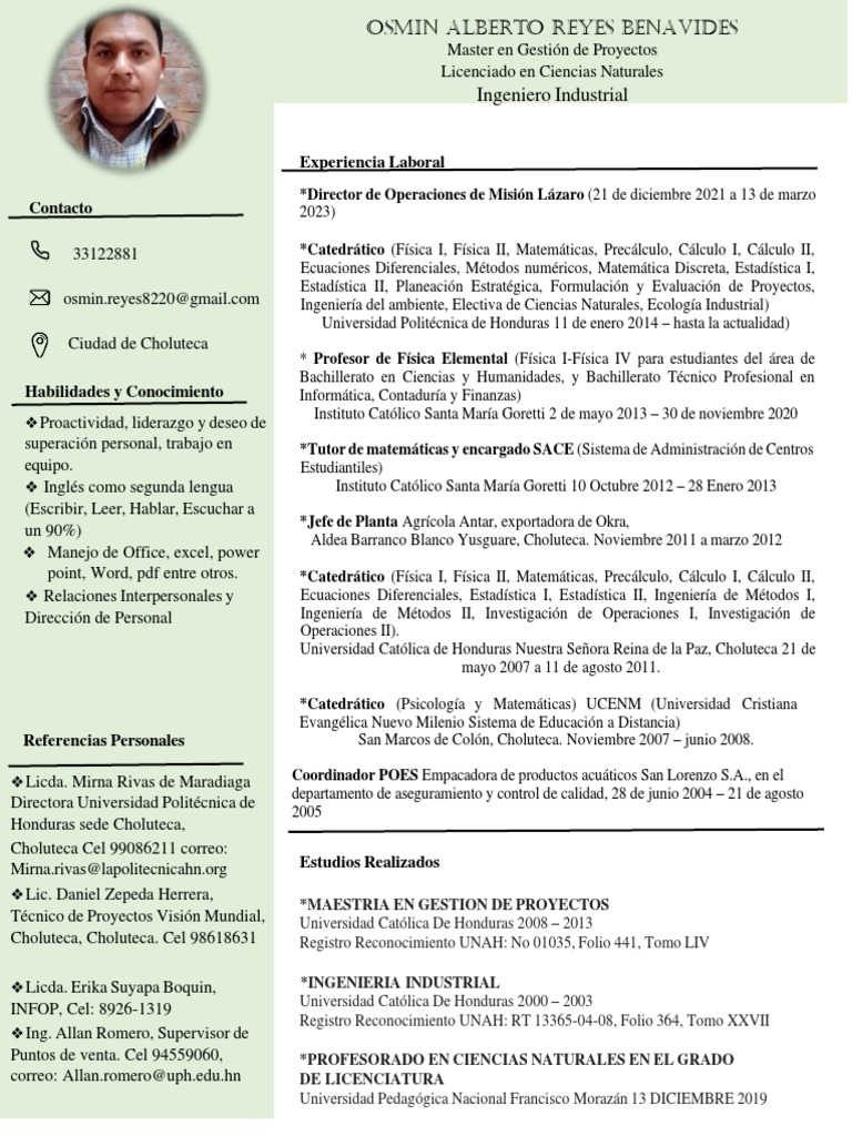 Hoja - de - Vida - Osmin - Reyes 2023 | PDF | Honduras | Science