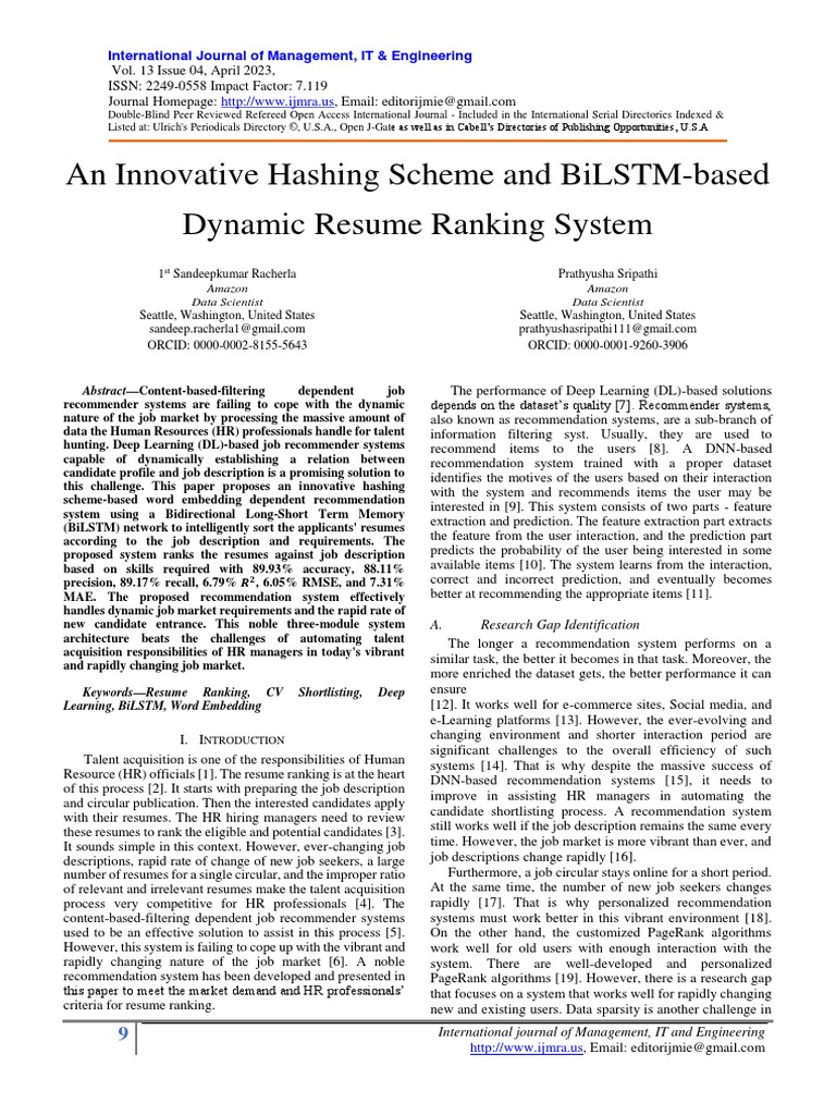 An Innovative Hashing Scheme and BiLSTM-based Dynamic Resume Ranking System | PDF | Accuracy And ...