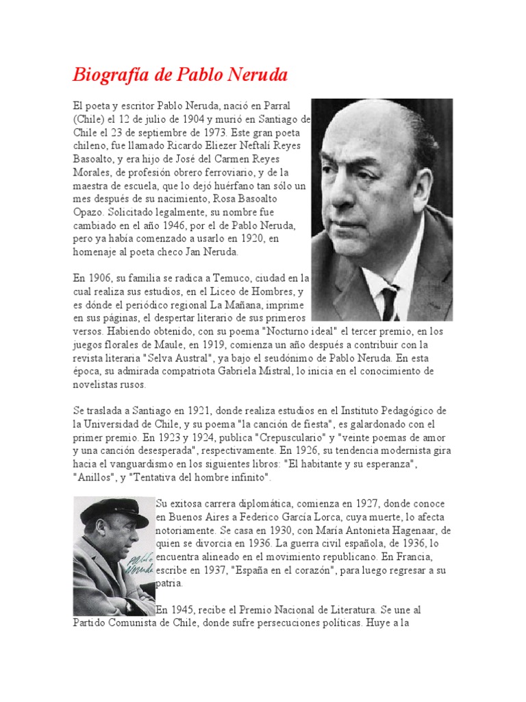 Biografía breve de Pablo Neruda | PDF