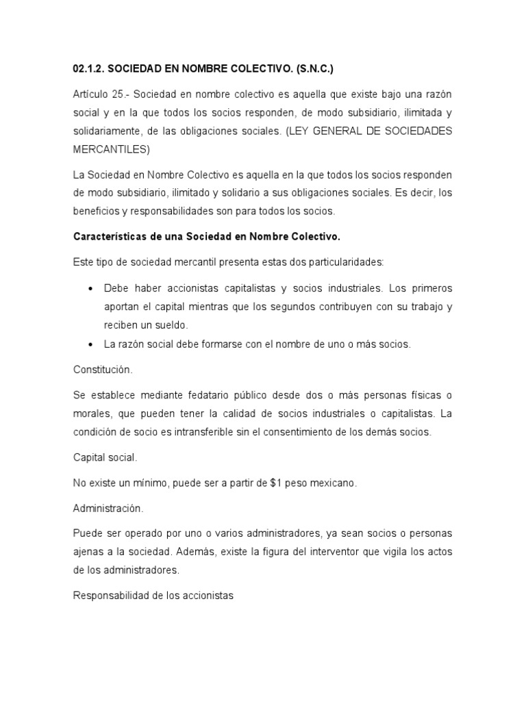 02.1.2. SOCIEDAD EN NOMBRE COLECTIVO. (S.N.C.) | PDF