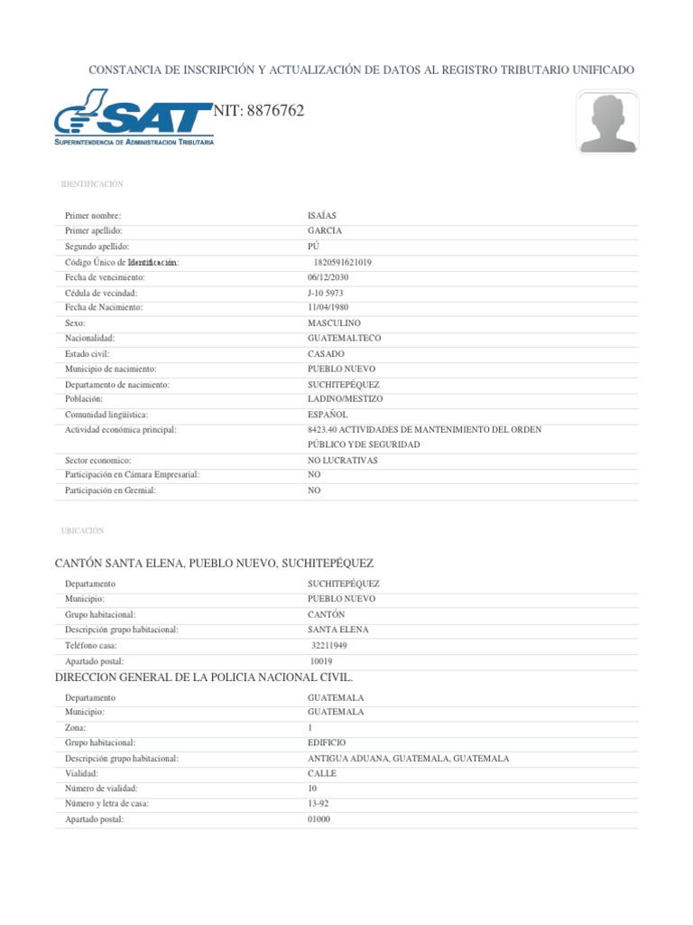 Constancia de Inscripción Y Actualización de Datos Al Registro Tributario Unificado | Descargar ...