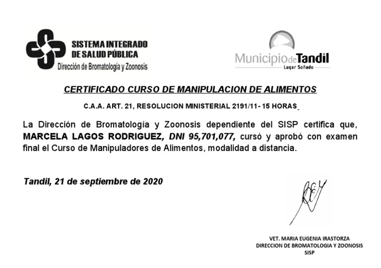Certificado Manipulación de Alimentos | PDF Certificado Manipulación de Alimentos | PDF