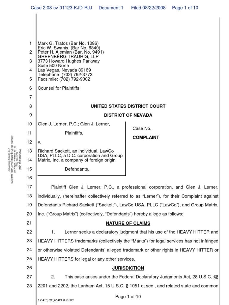 Heavy Hitter Complaint | PDF | Declaratory Judgment | Trademark