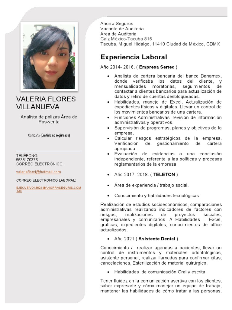 Valeria Flores Villanueva: Experiencia Laboral | PDF