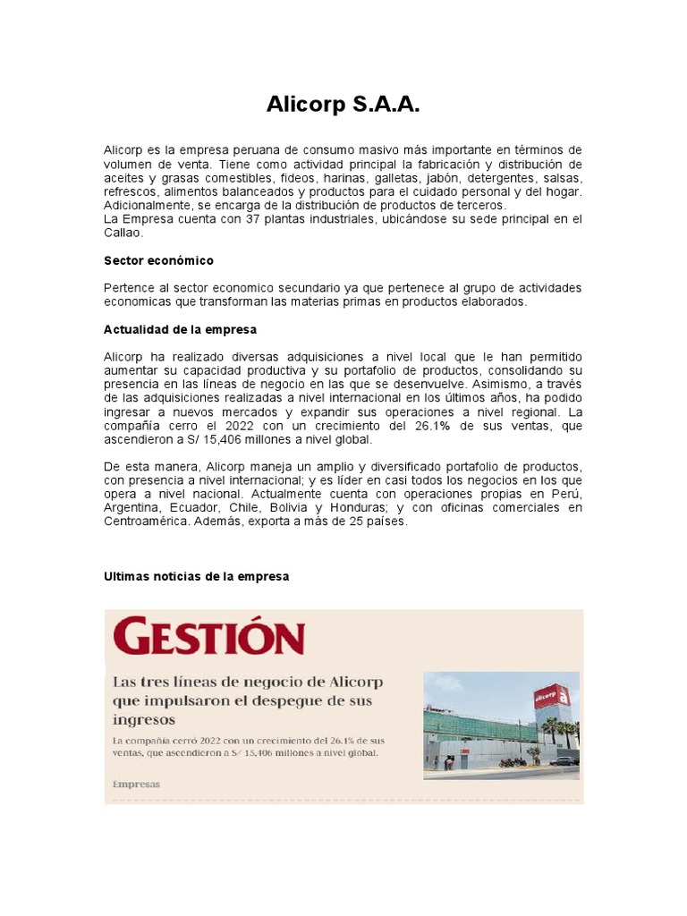 Perfil de Alicorp S.A.A., la empresa líder de consumo masivo en Perú | PDF