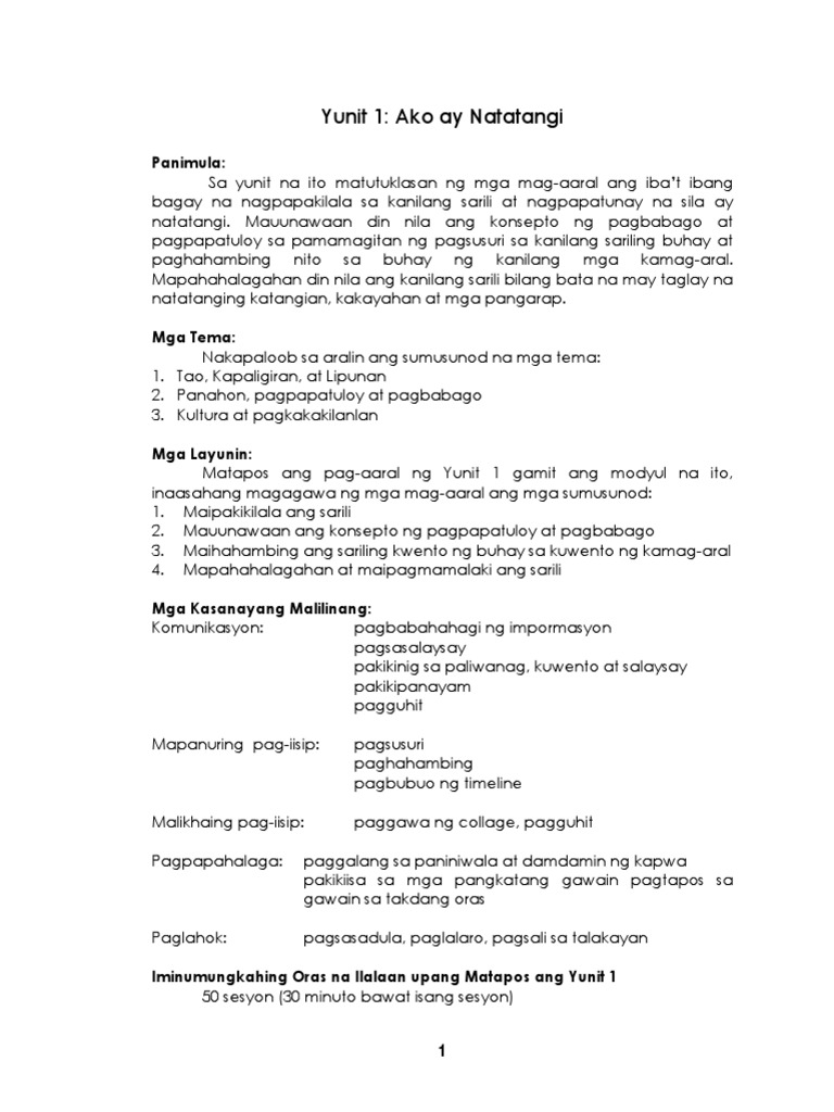 Yunit 1: Ako Ay Natatangi: Panimula | PDF