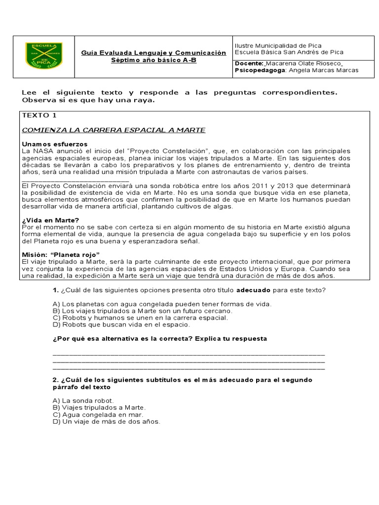 Guía de Comprensión Lectora 7° Básico | PDF | Estudios de idiomas ...