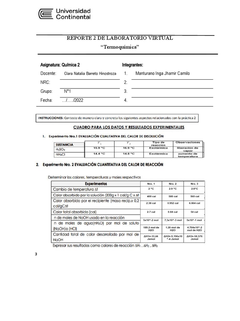 Reporte 2 Termoquímica | PDF
