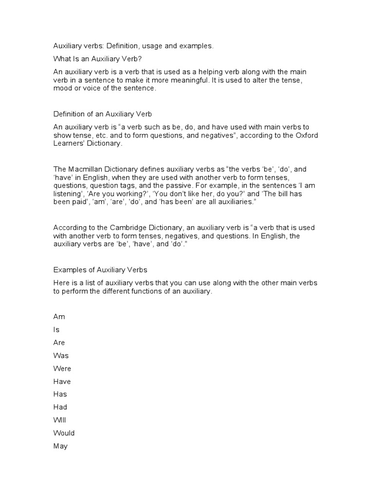 Auxiliary Verbs. Definition, Usage and Examples. | PDF