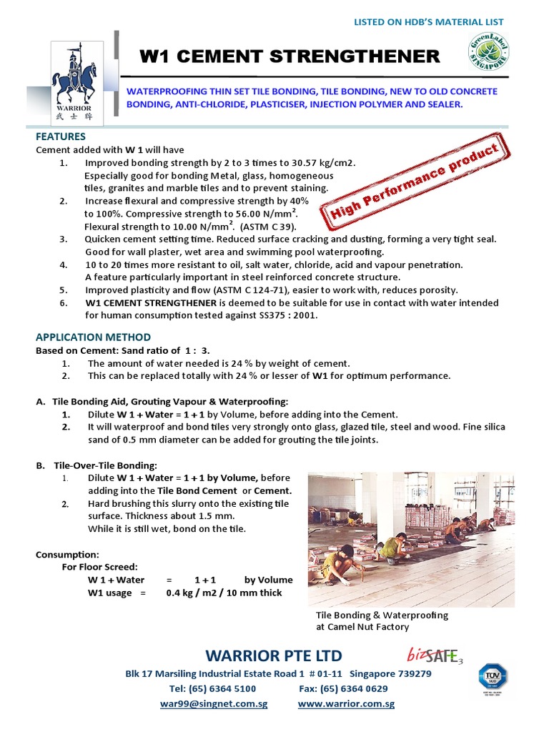 W1 CEMENT STRENGTHENER FOR TILE BONDING AND WATERPROOFING | PDF ...