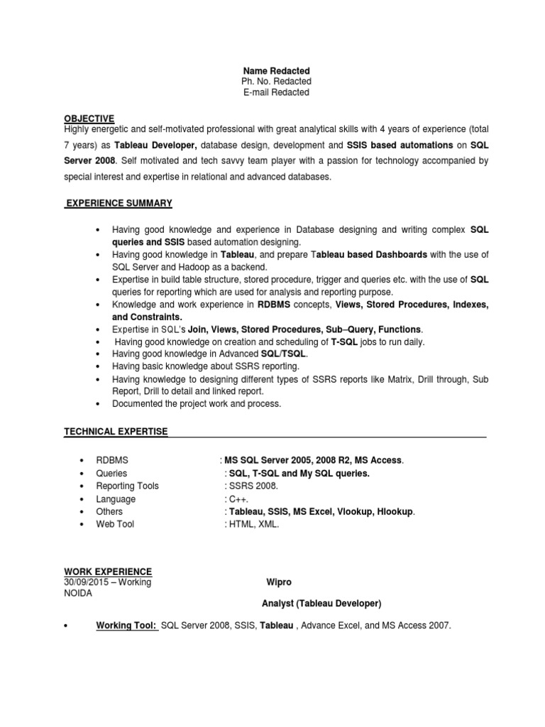 Sample Resume 11 - R2, MS Access, T-SQL, SQL, SSRS, C++,Tableau, SSIS ...