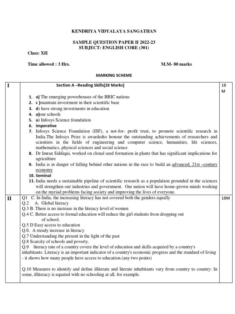 Marking Scheme of SQP, English Core12th, Set-2, 2022-23 | PDF | Literacy | Science