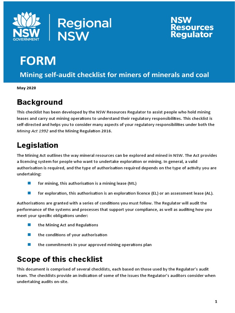 Self Audit Checklist Mining Version Dated 6 May 2020 | PDF | Mining | Risk