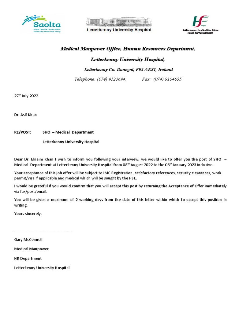 Job Offer for SHO at Letterkenny Hospital | PDF