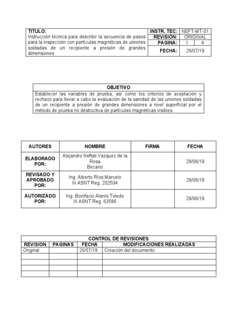 Instruccion Tecnica PT | PDF | Campo magnético | Soldadura