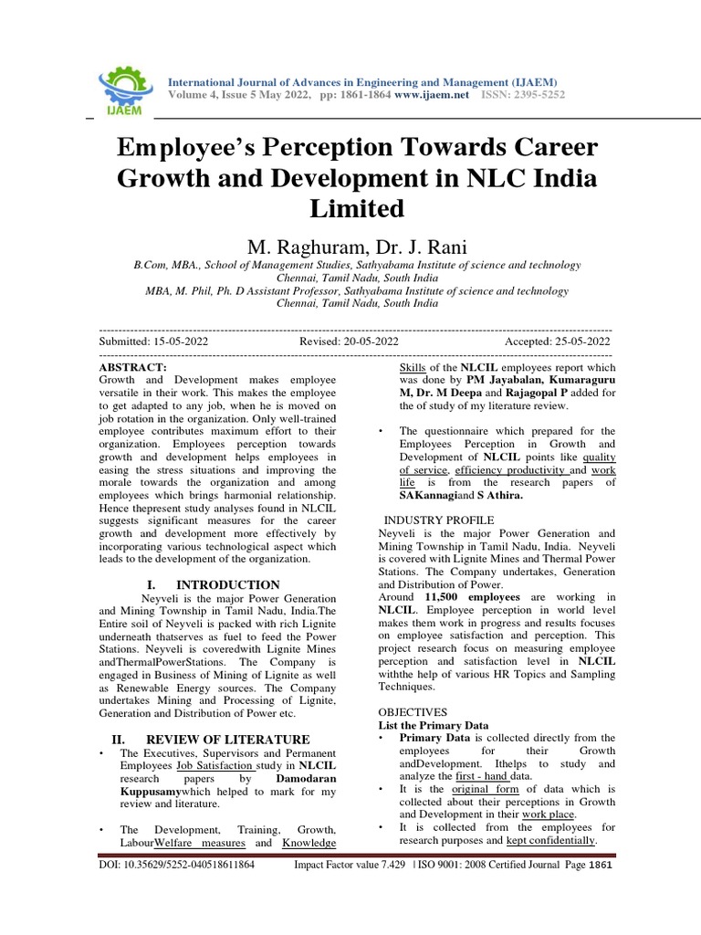 Employee S Perception Towards Career Growth and Development in NLC ...