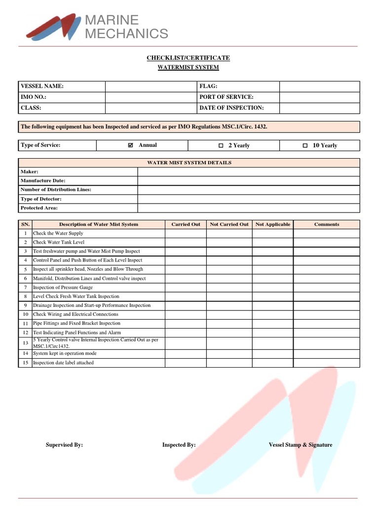 Fixed Water Mist System-Checklist | PDF