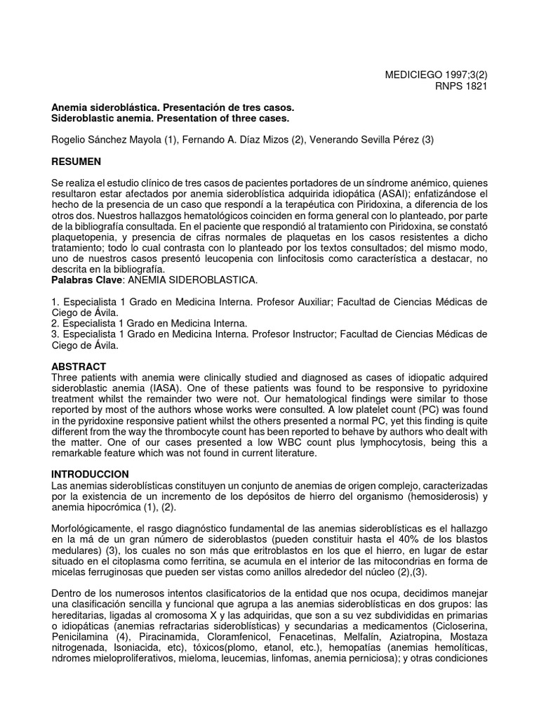 Anemia Sideroblástica. Presentación de Tres Casos. Sideroblastic Anemia. Presentation of Three ...