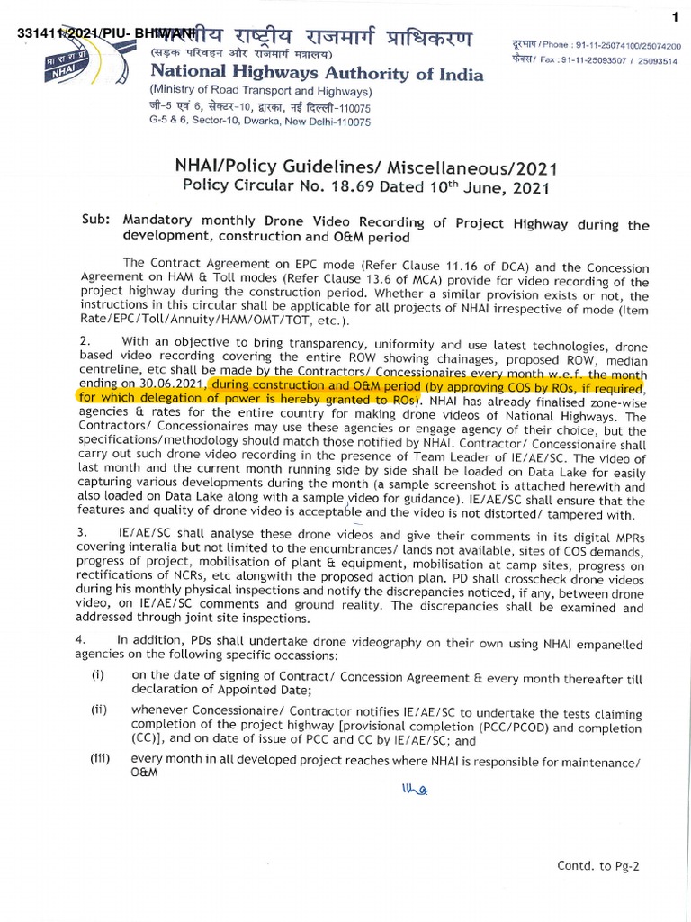 NHAI Circular-Mandatory Monthly Drone Video Recording of Project ...