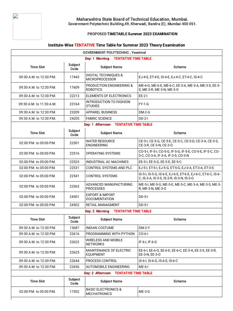 Time Table For Summer 2023 Theory Examination | PDF | Electrical Engineering | Engineering