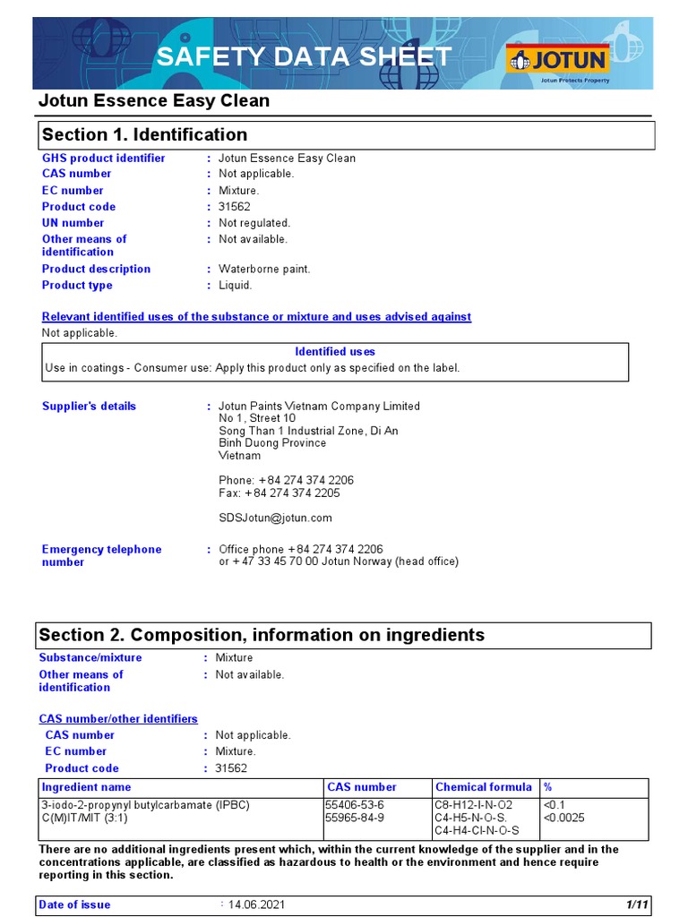 Safety Data Sheet: Section 1. Identification Jotun Essence Easy Clean ...