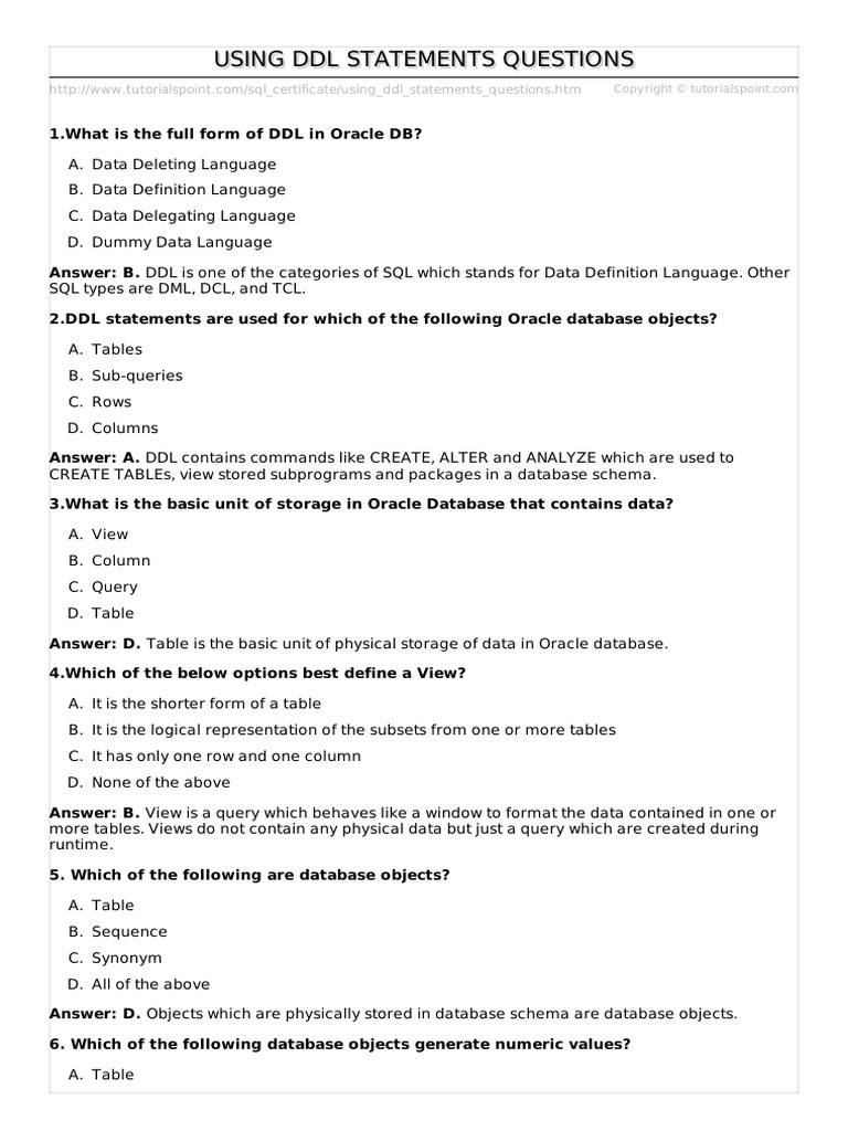 Using DDL Statements Questions | PDF Using DDL Statements Questions | PDF