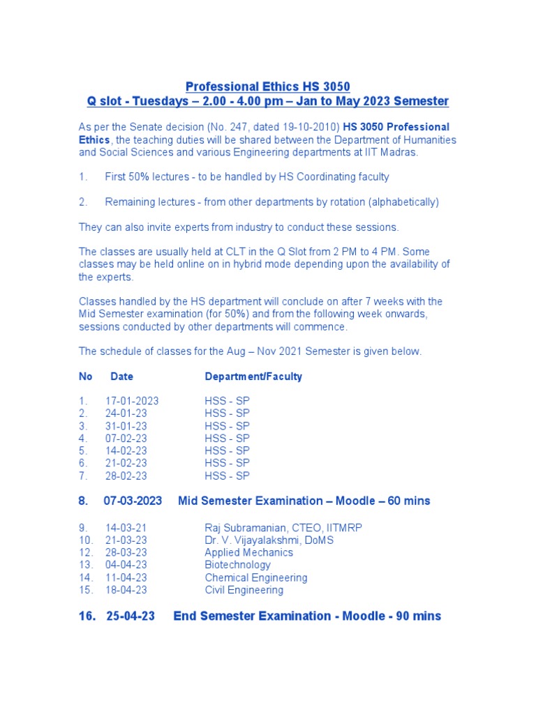 HS 3050 Jan - May 2023 Schedule | PDF