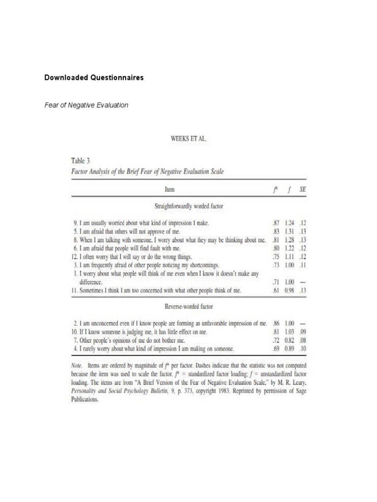 Downloaded Questionnaires: Fear of Negative Evaluation | PDF ...