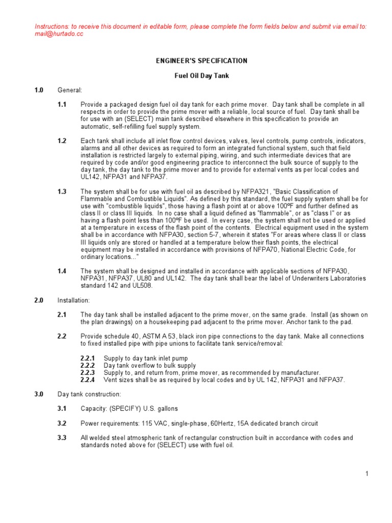 Fuel Oil Day Tank Specifications Guide | PDF | Pump | Valve