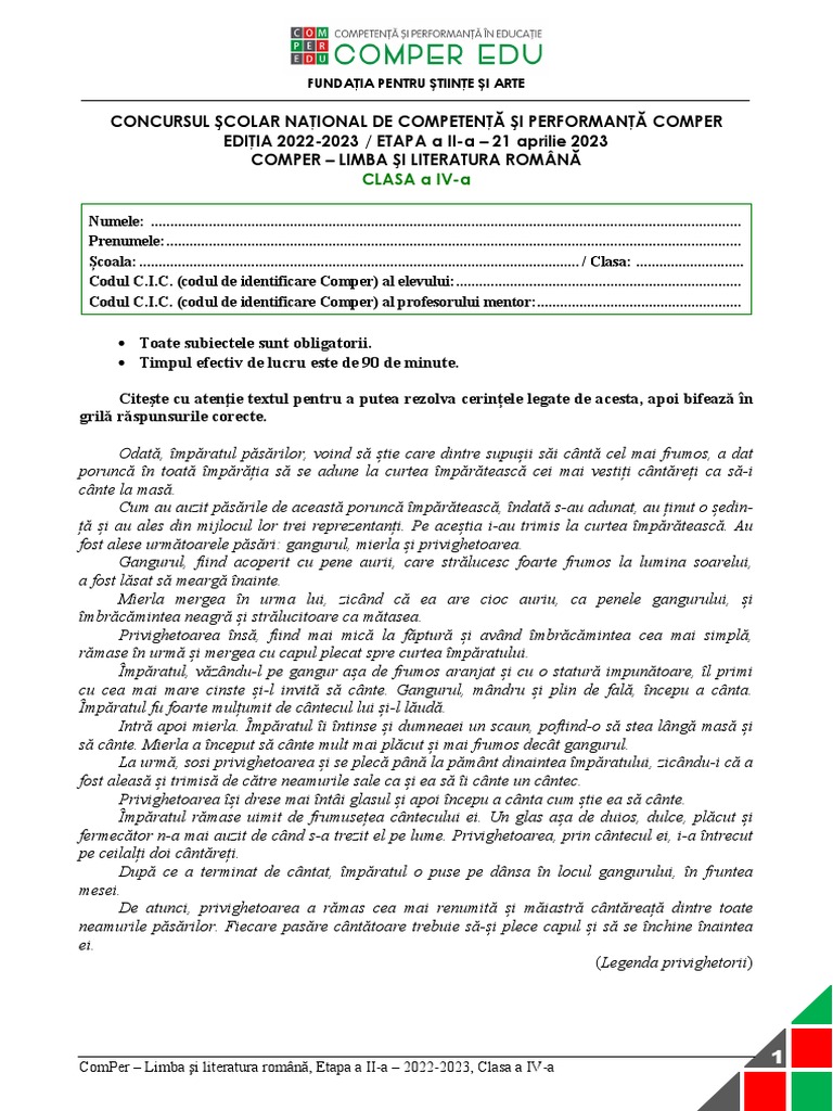 Subiect Comper Romana EtapaII 2022 2023 clasaIV | PDF