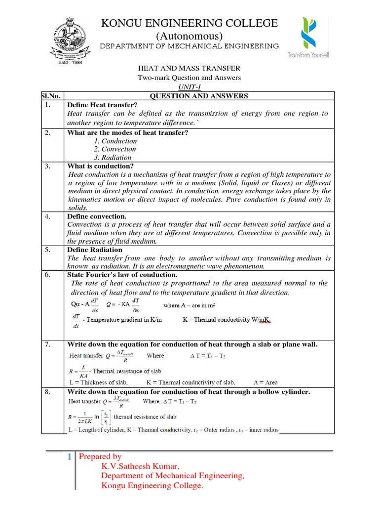 UNIT - I Two Marks HMT | PDF | Thermal Conduction | Heat Transfer