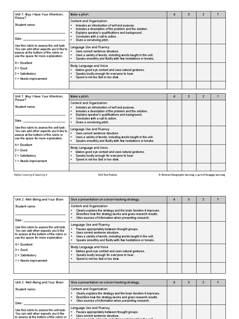 Reflect ls6 Unit Task Rubrics p3 0 | PDF | Fluency | Rubric (Academic)