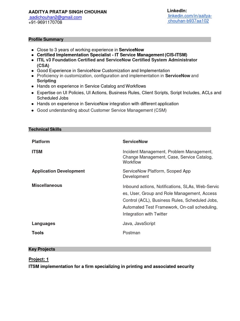 ServiceNow Developer Resume - 3 Years Experience | PDF | It Service ...