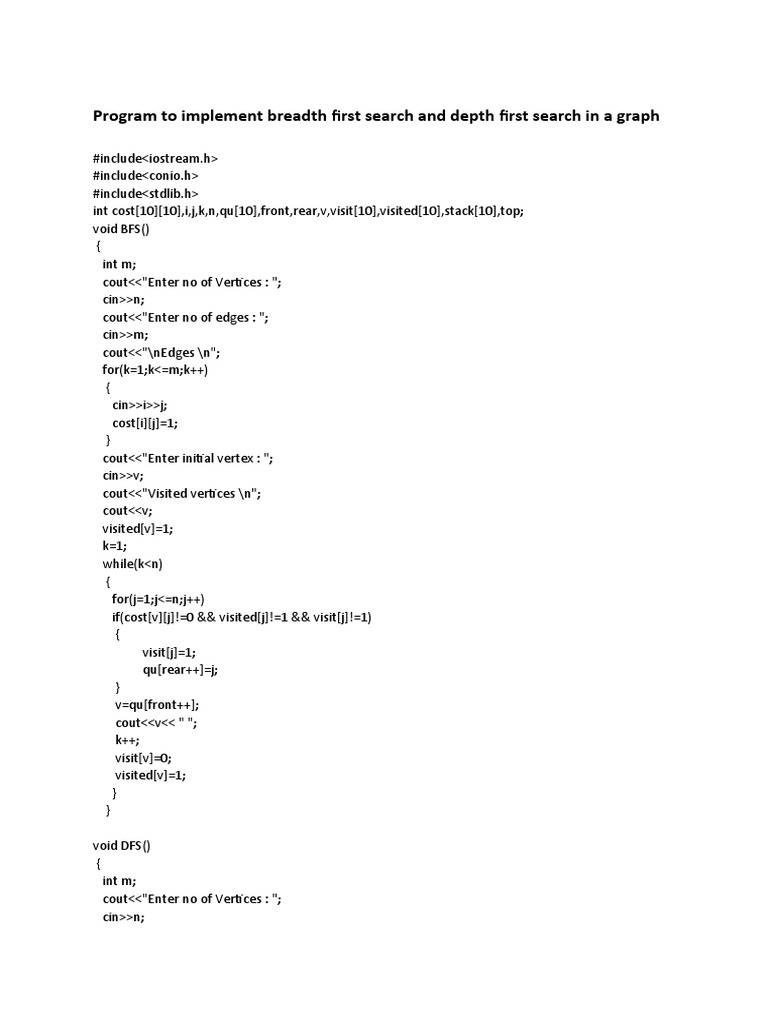 Program To Implement Breadth First Search and Depth First Search in A ...