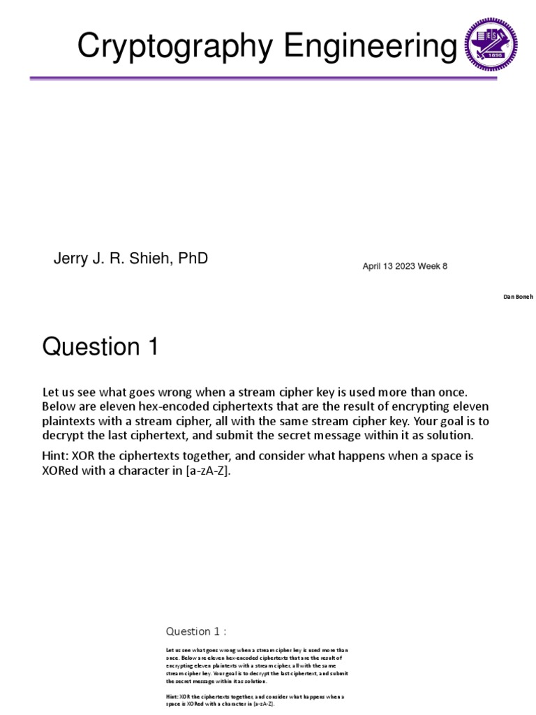 Cryptography Engineering: Jerry J. R. Shieh, PHD | PDF