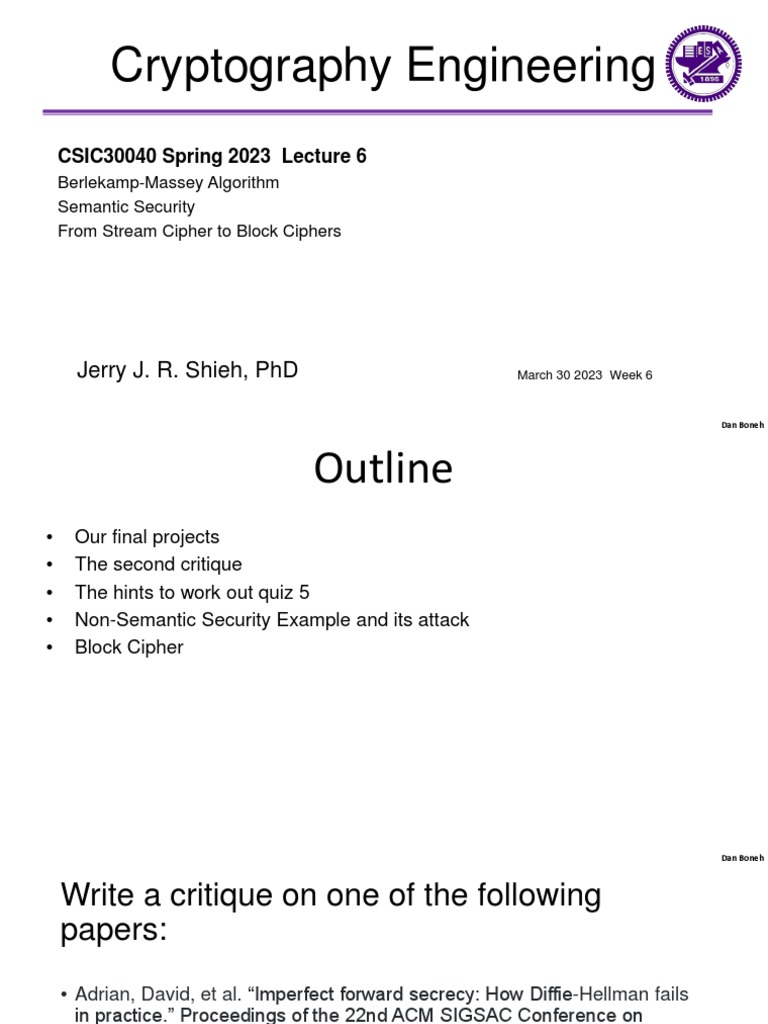 Cryptography Engineering: CSIC30040 Spring 2023 Lecture 6 | PDF | Cryptography | Encryption