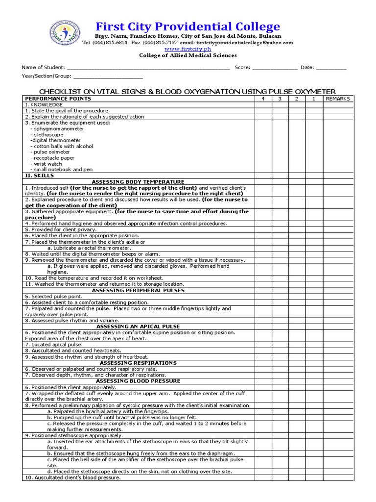 Vital Signs & Pulse Oximeter Checklist | PDF | Pulse | Physiology
