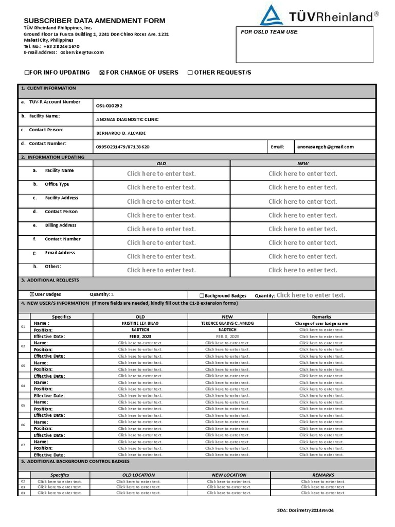 Amendment Form (For Change of User) | PDF