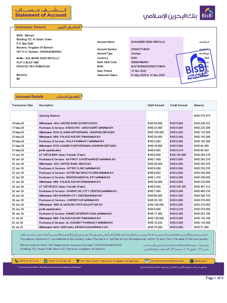BISB Savings Statement Summary | PDF | Payments | Debit Card