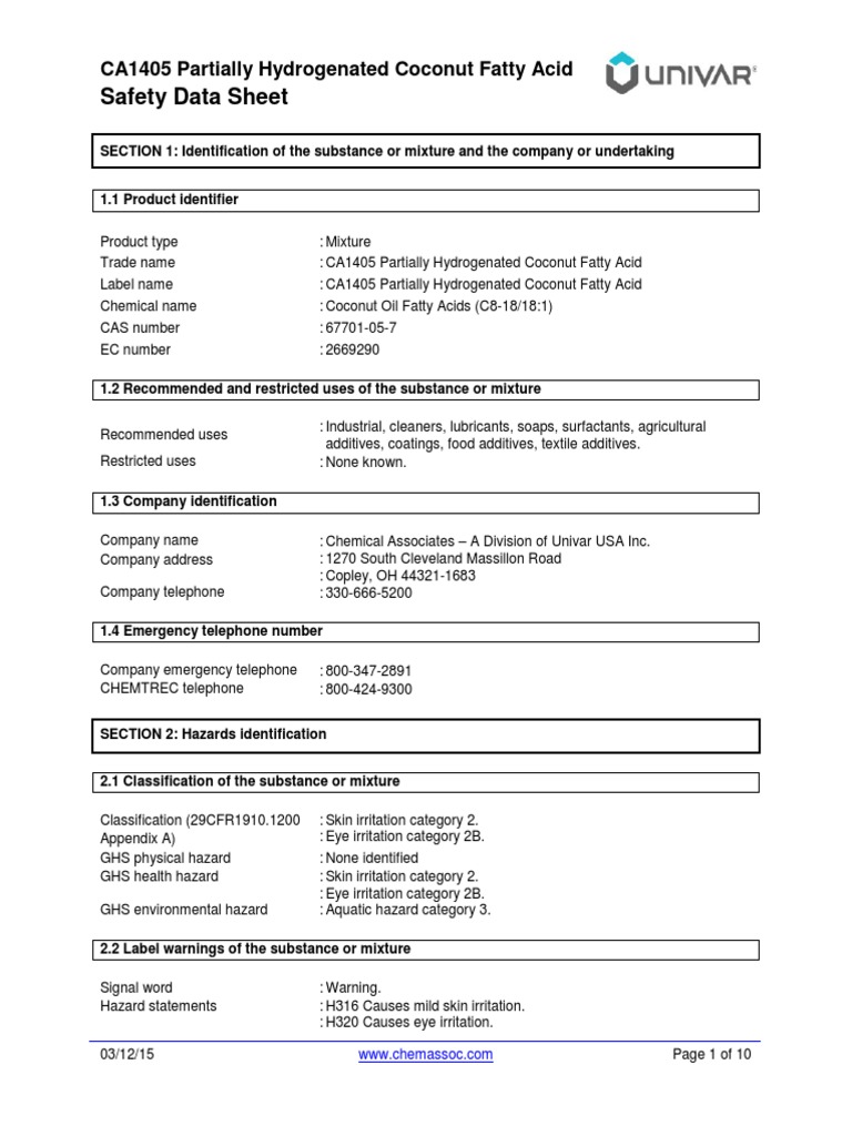 CA1405 Partially Hydrogenated Coconut Fatty Acid SDS | PDF | Hazardous ...