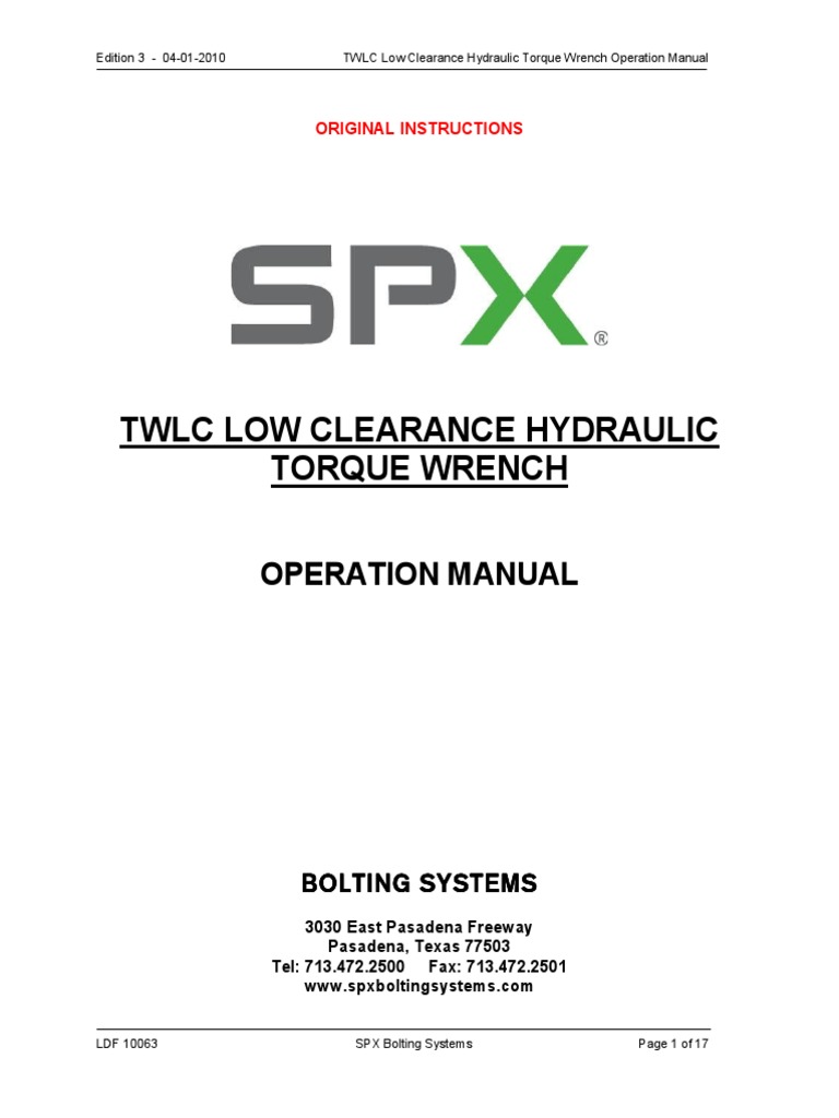 TWLC Low Clearance Hydraulic Torque Wrench Operation Manual | PDF ...